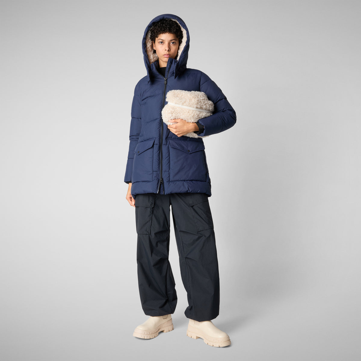 Woman's animal free hooded puffer jacket Farrah in navy blue